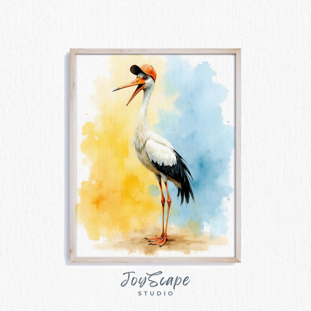 Funny Stork Watercolor Print - Printable Wall Art, Colorful Bird ...