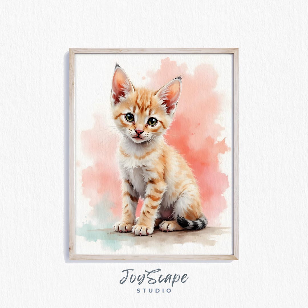 Baby Serval Kitten Watercolor Printable Nursery Wall Art - Playful Cat ...
