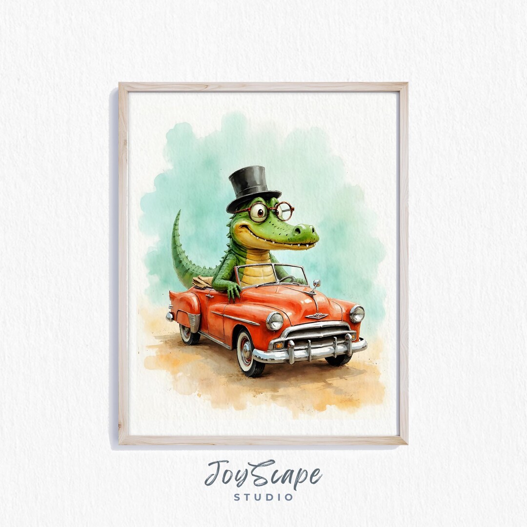 Funny Alligator Driving - Watercolor Animal Printable, Kids Room Wall ...