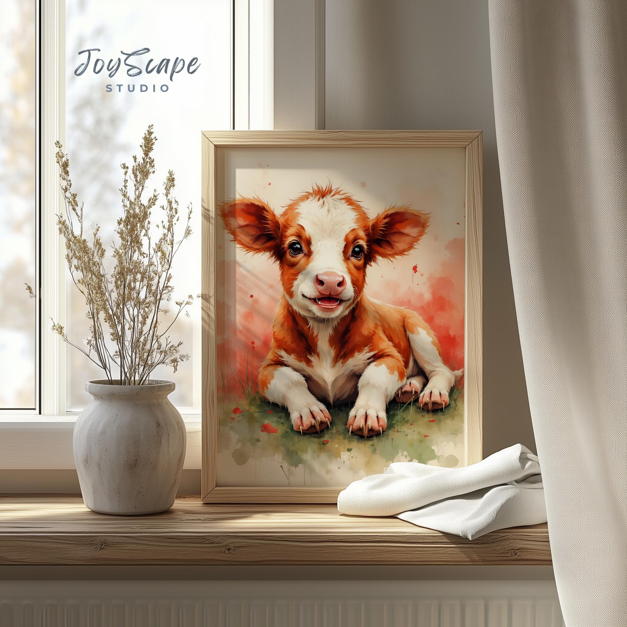 Simmental Calf Printable Art - Cute Farm Animal Print, Rustic Nursery ...