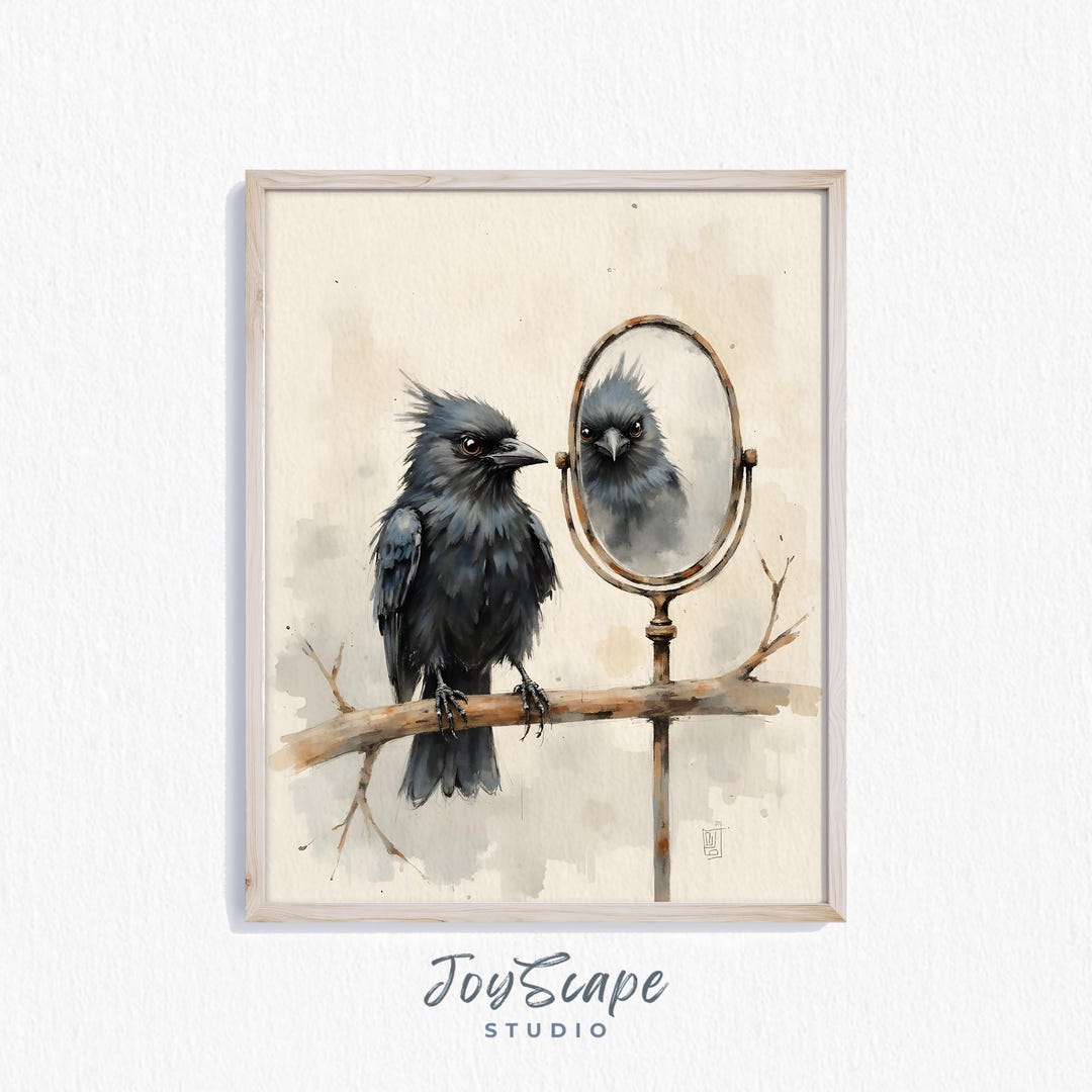 Funny Crow With Mirror - Quirky Watercolor Print, Printable Wall Art ...
