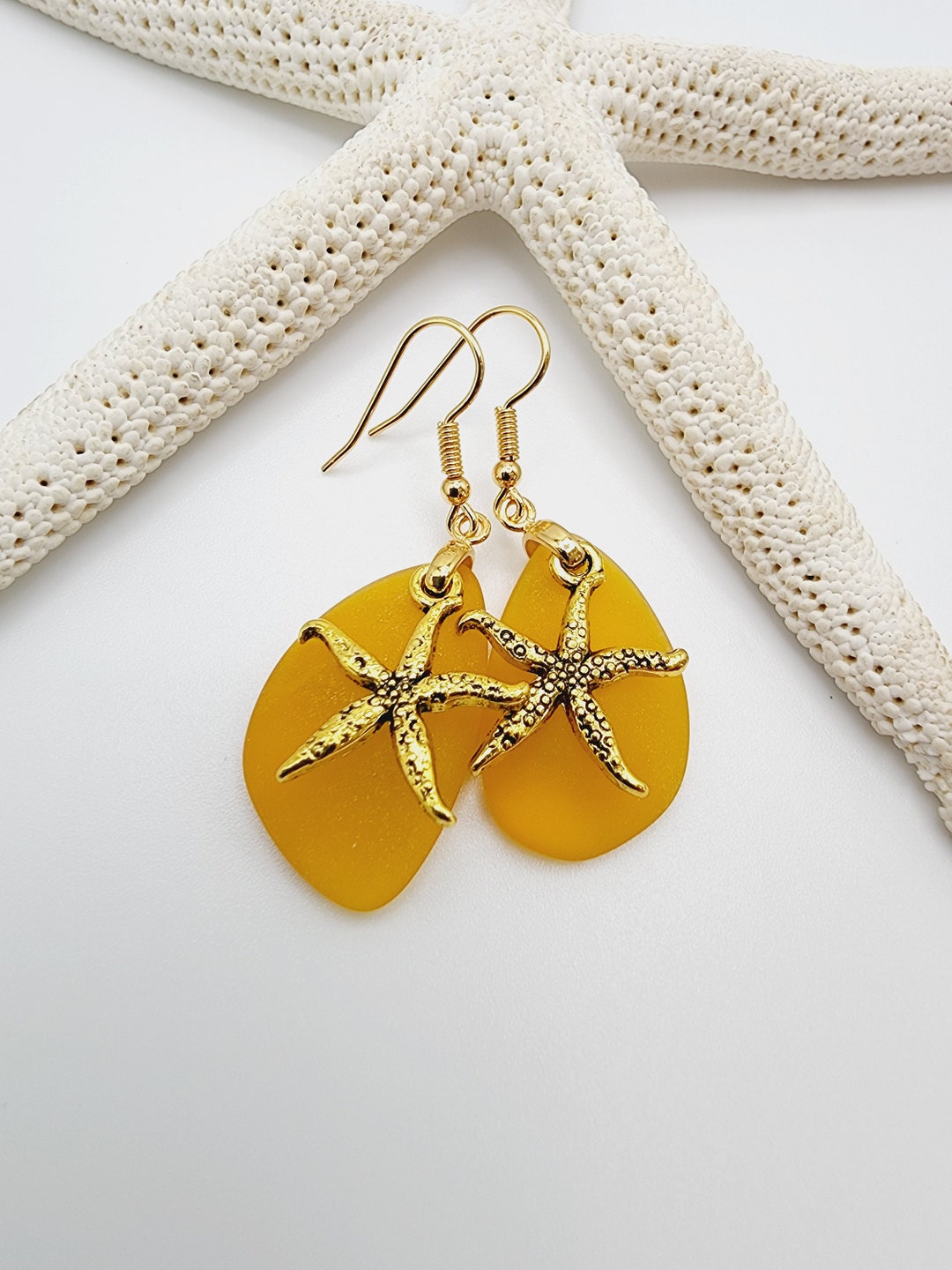 Yellow Sea Glass Star Fish Earrings, Summer Gift Bridesmaid Gift ...