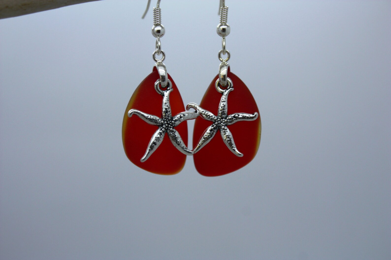 Red Sea Glass Earrings, Star Fish, Starfish Earrings, Seaglass Earrings ...