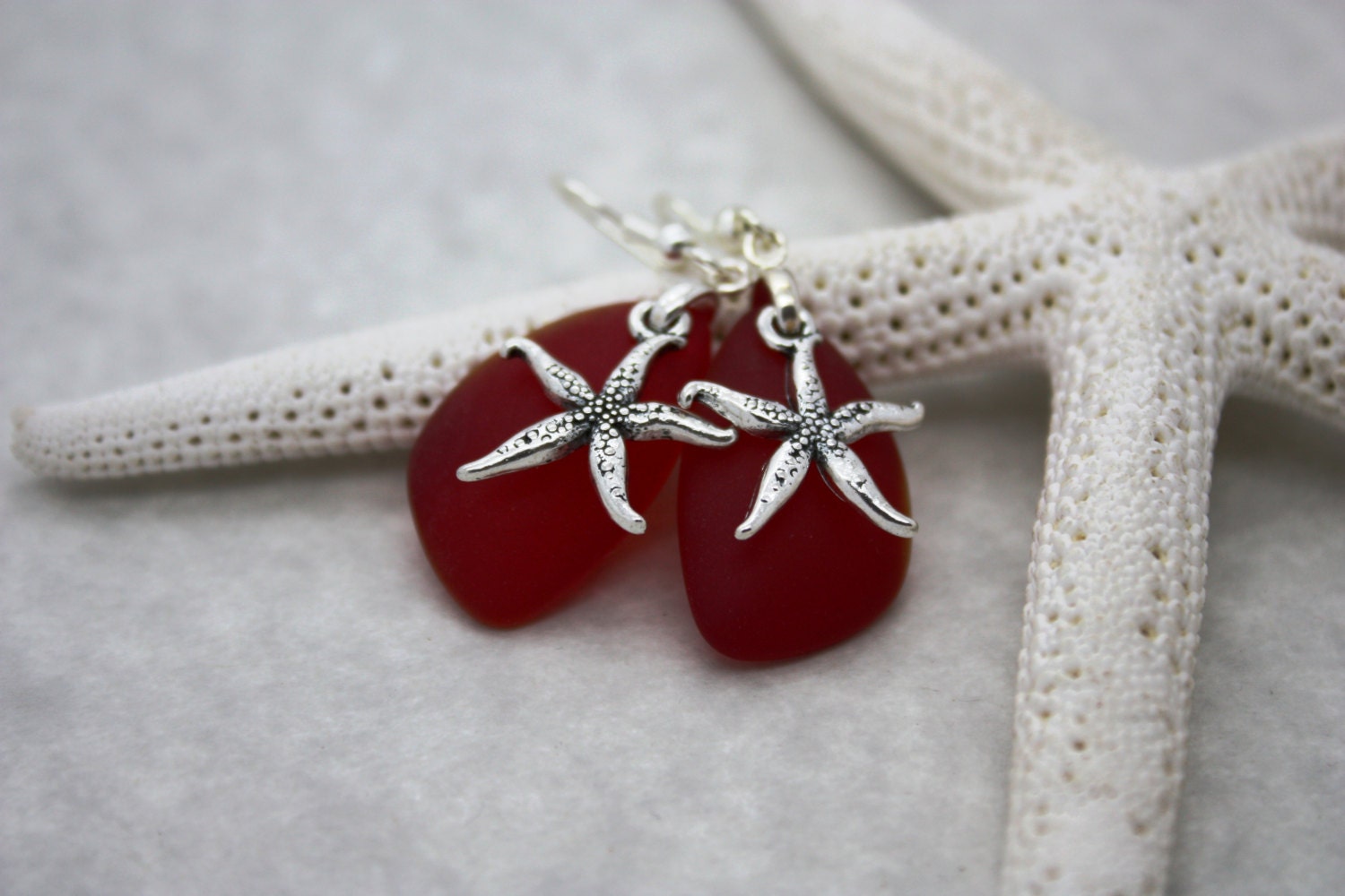 Red Sea Glass Earrings, Star Fish, Starfish Earrings, Seaglass Earrings ...