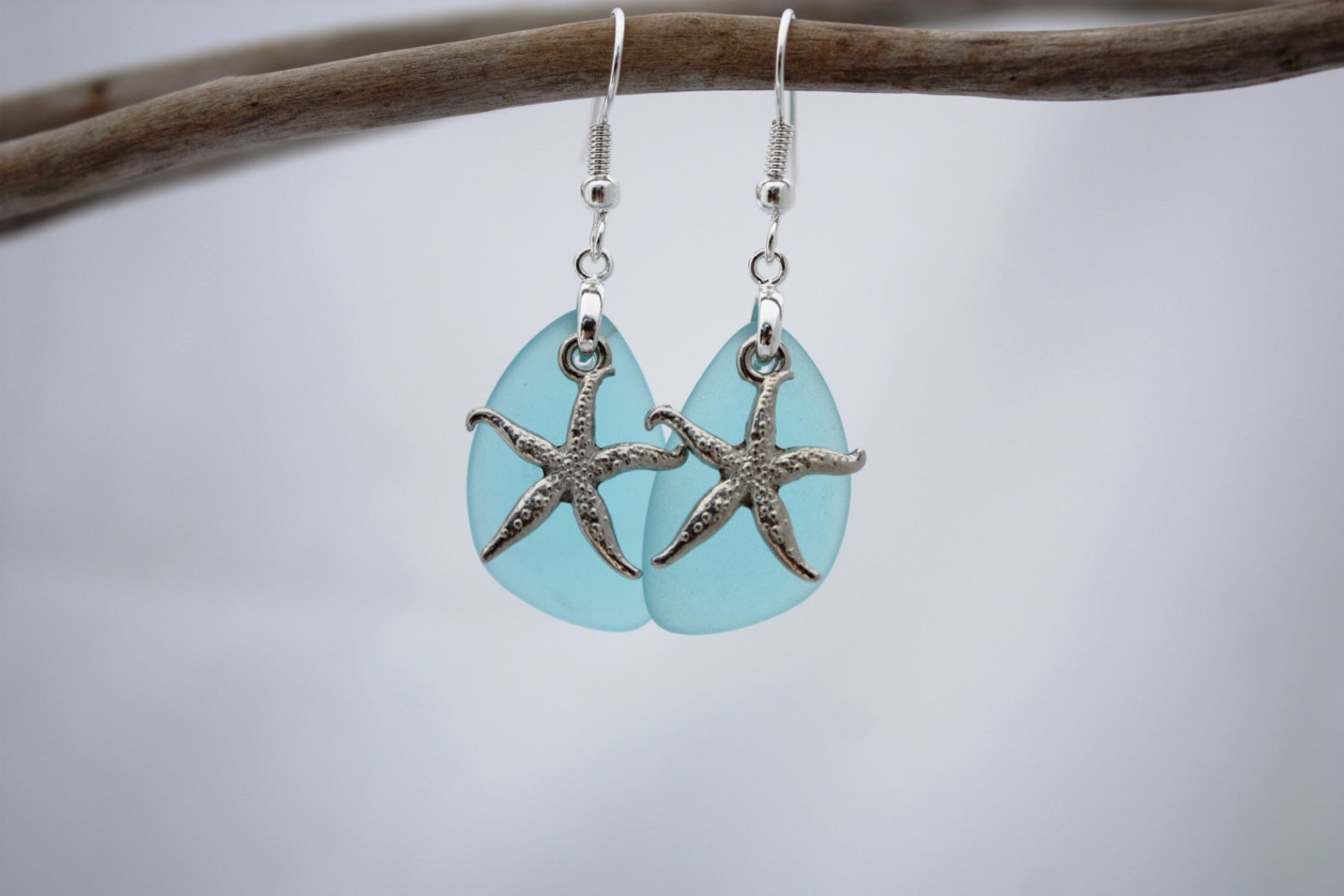 Aqua Sea Glass Earrings, Star Fish Starfish Earrings, Seaglass Earrings ...