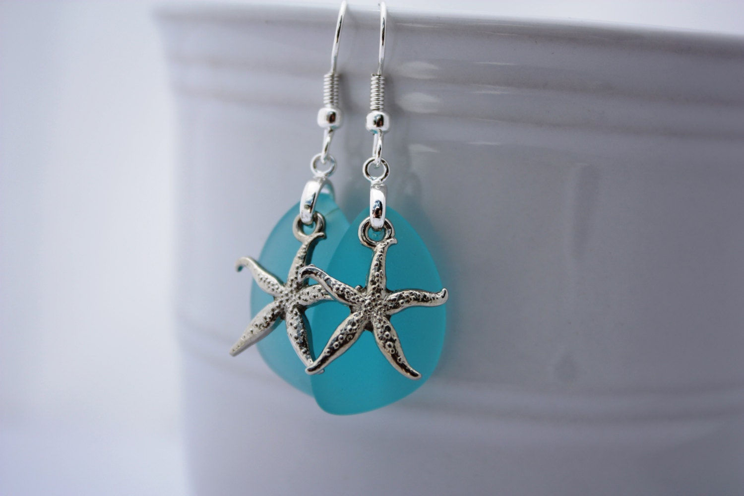 Aqua Sea Glass Earrings, Star Fish Starfish Earrings, Seaglass Earrings ...