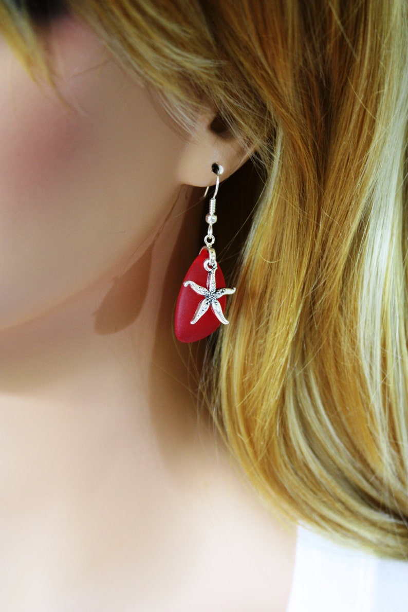 Red Sea Glass Earrings, Star Fish, Starfish Earrings, Seaglass Earrings ...