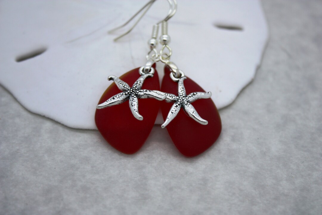 Red Sea Glass Earrings, Star Fish, Starfish Earrings, Seaglass Earrings ...