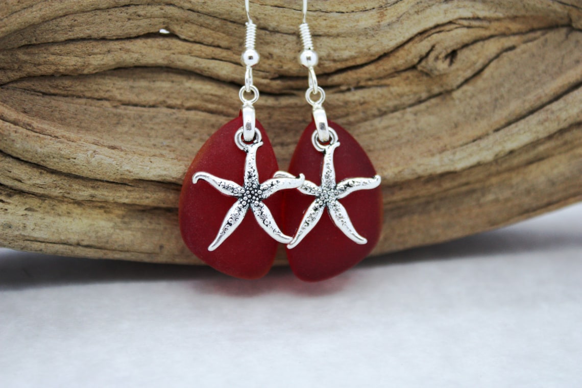 Red Sea Glass Earrings, Star Fish, Starfish Earrings, Seaglass Earrings ...