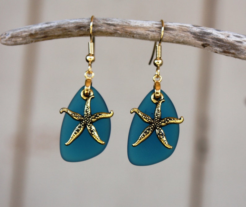 Teal Sea Glass Earrings, Star Fish Starfish Earrings, Seaglass Earrings ...