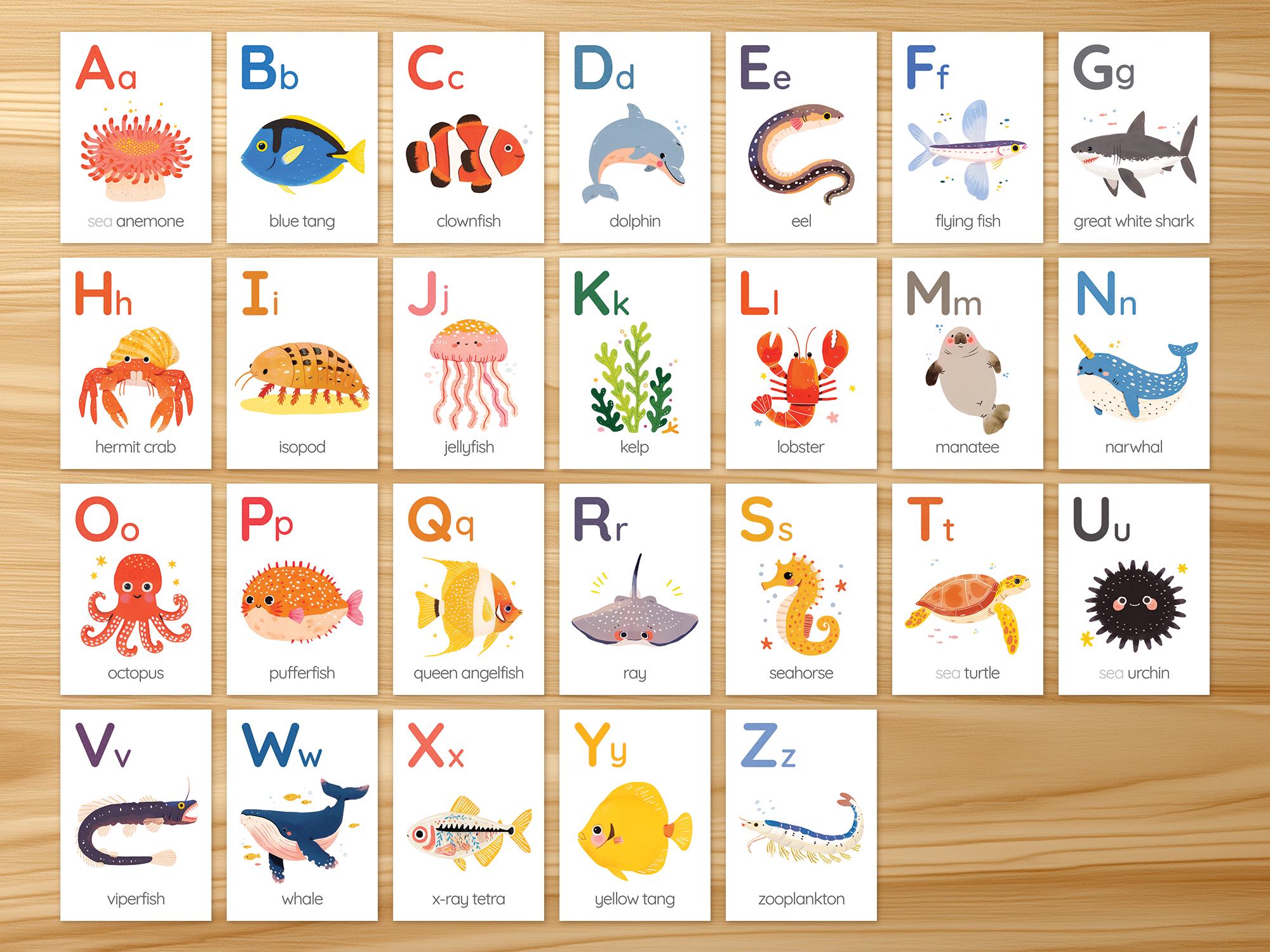 Ocean Animal Alphabet Flashcards for Kids – A to Z Printable ABC Cards ...