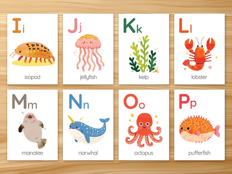 Ocean Animal Alphabet Flashcards for Kids – A to Z Printable ABC Cards ...