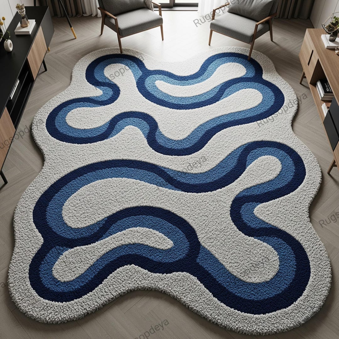 White Wavy Blue Abstract Irregular Hand Tufted Wool Rugs for Living ...