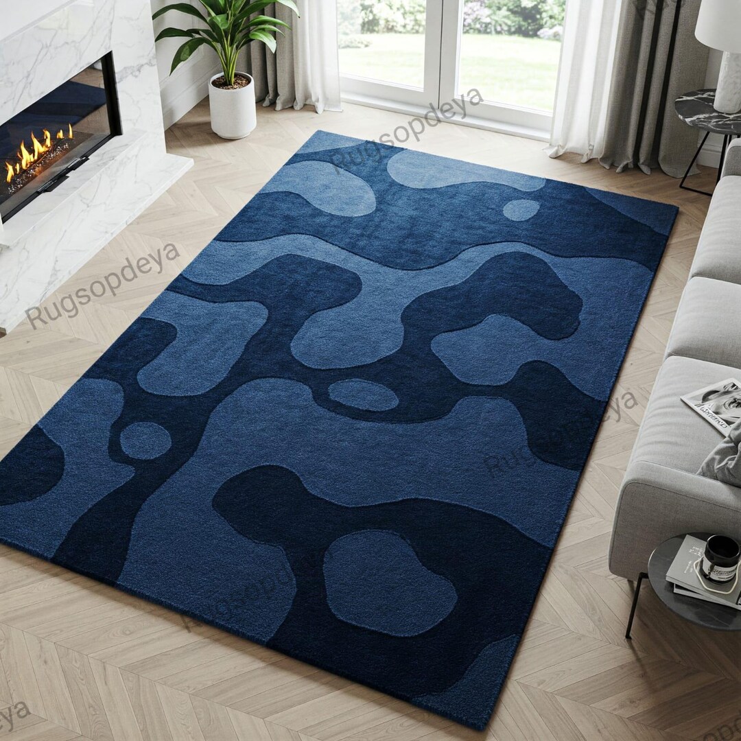 Blue Abstract Area Rug, Modern Wave Pattern Rug for Living Room ...
