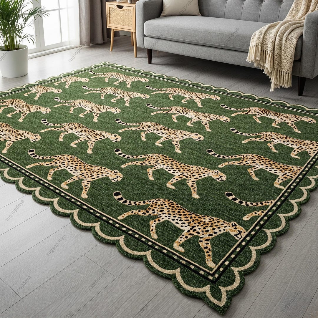Forest Green Brown Leopard Wool Rug, Hand Tufted Scalloped Area Rugs ...
