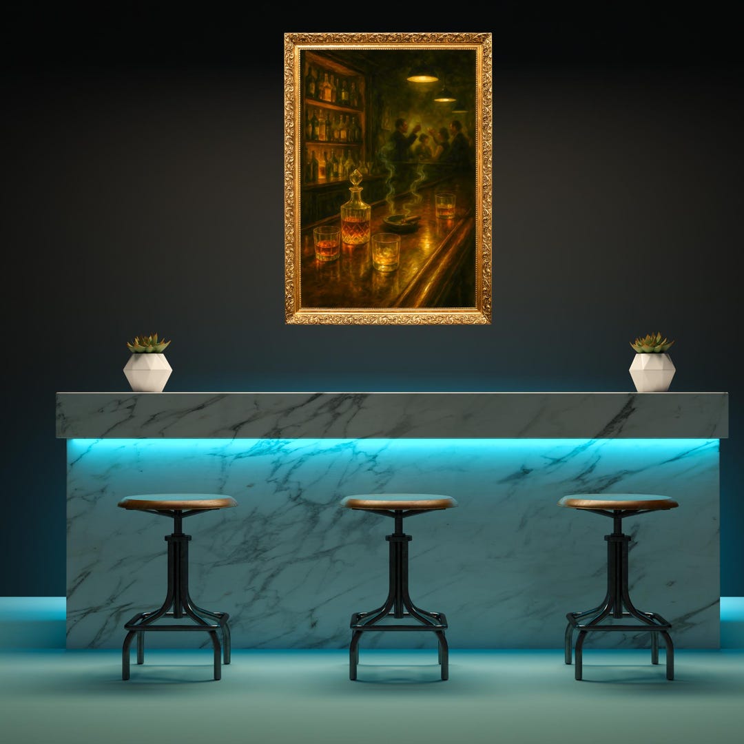 Vintage Bar Interior Art Print | Whiskey Lounge Oil Painting (instant ...