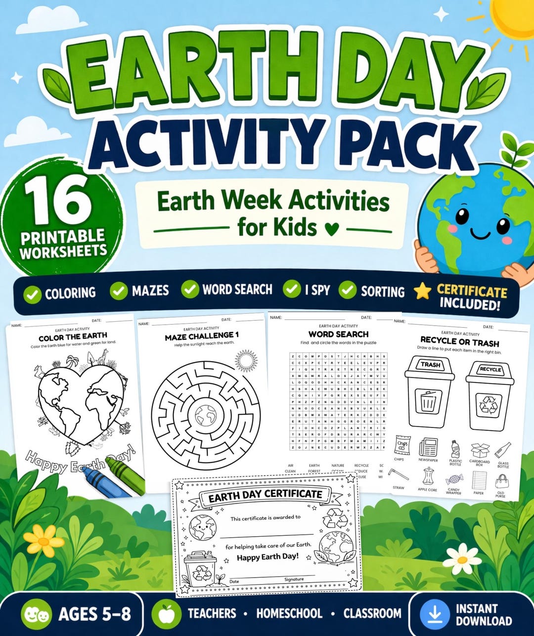 Earth Week Activity Pack for Kids | Earth Day Worksheets, Mazes, Word ...