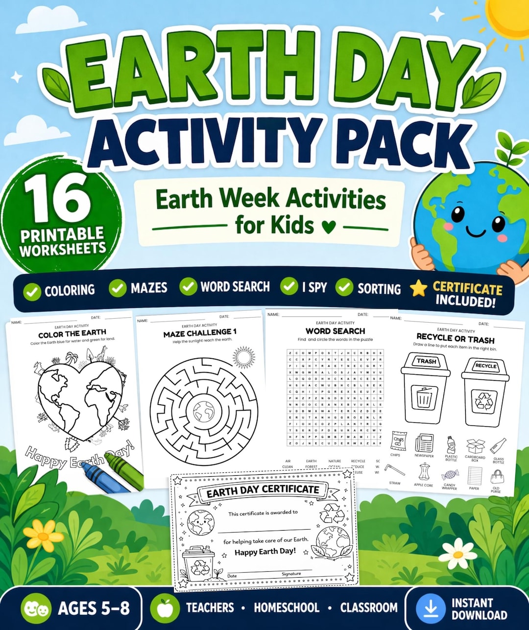 Earth Day Activity Pack Printable, Earth Week Worksheets, Kids Mazes ...