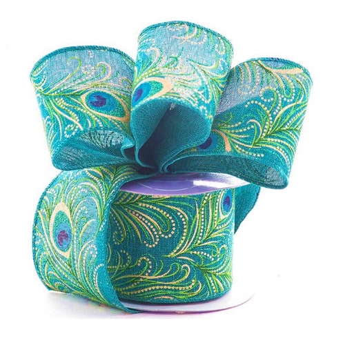 2.5 Sheer Turquoise Peacock Ribbon Wired Ribbon 10 - Etsy