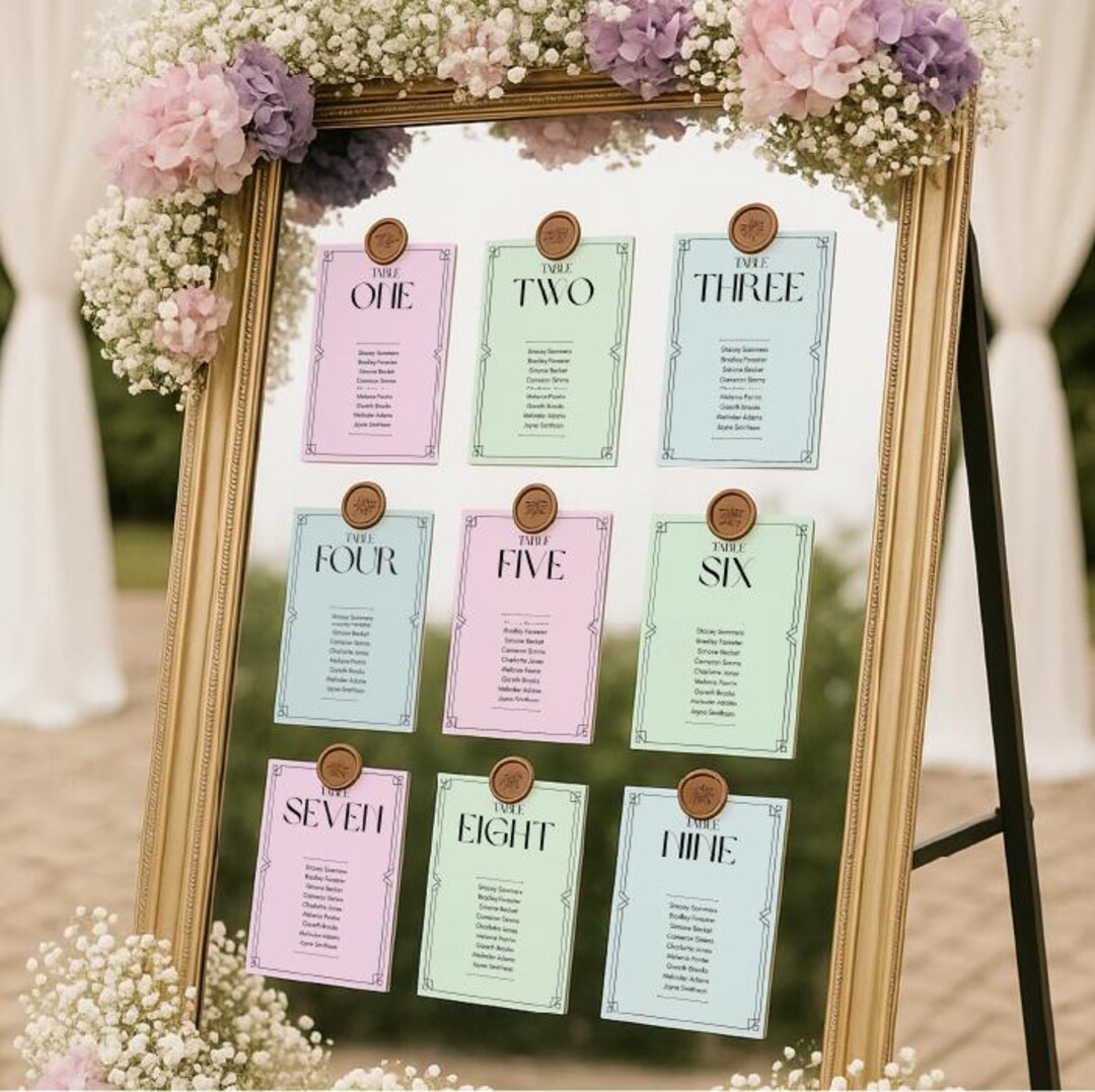 Art Deco Wedding Table Plan & Place Cards: Pastel Colors, Canva ...