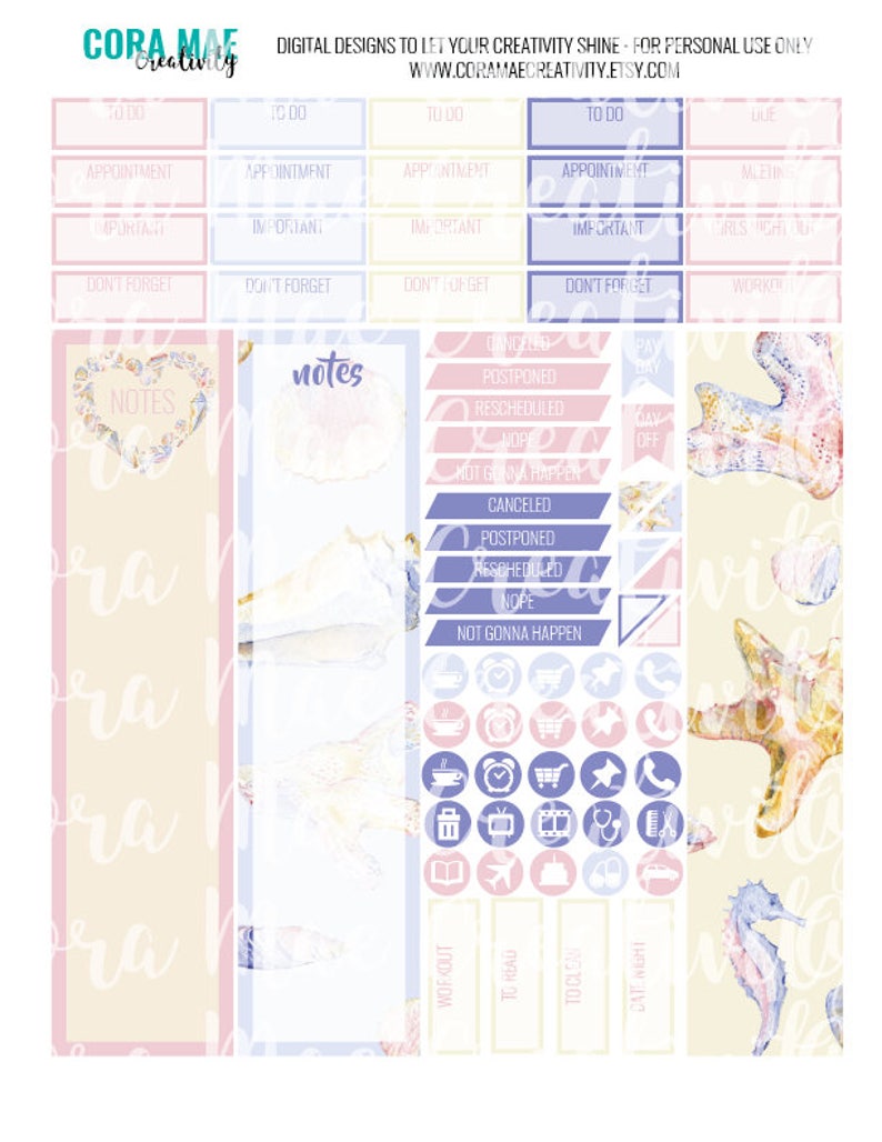 SEASHELL Happy Planner Weekly Printable Kit, Printable Stickers, Weekly ...