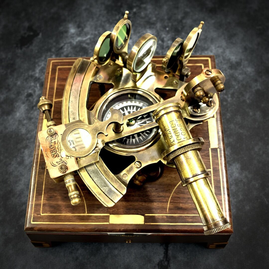 Antique Brass Sextant Replica – J. Scott London, Inlaid Wood Box ...