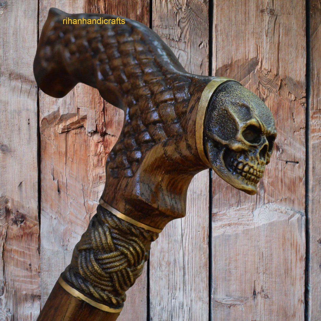 Gothic Skull Walking Stick, Carved Wood Gentleman Staff, Steampunk ...