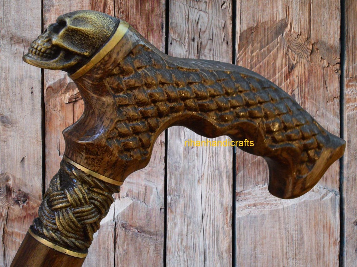 Gothic Skull Walking Stick, Carved Wood Gentleman Staff, Steampunk ...