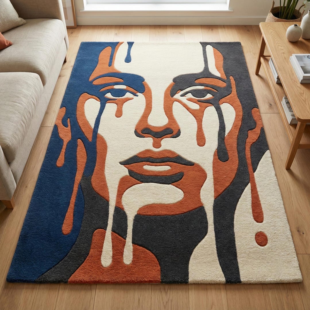 Ivory Blue Orange Face Design Wool Rug, Hand Tufted Modern Portrait ...
