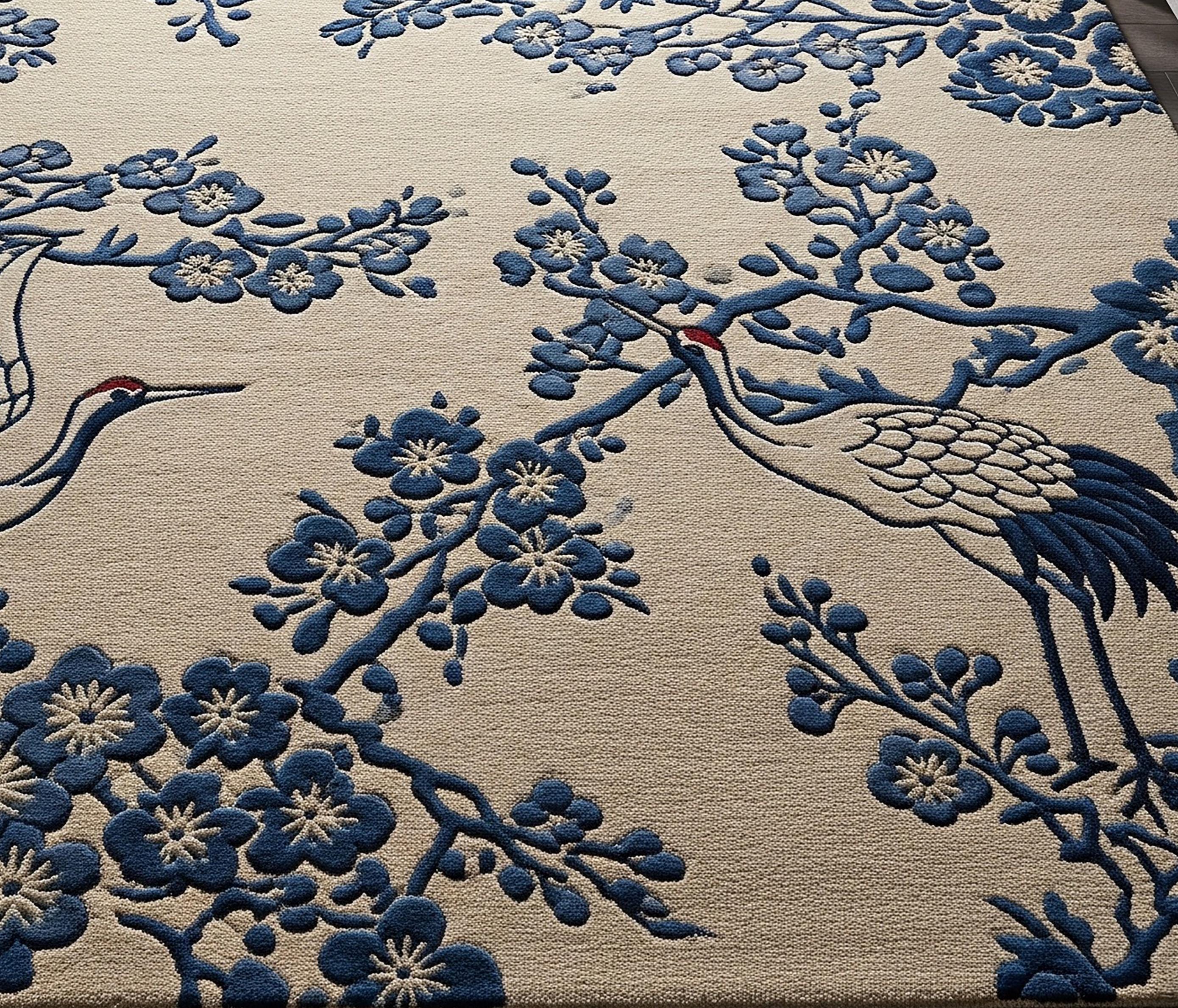 Ivory Blue Floral Bird Wool Rug, Hand Tufted Nature Inspired Area Rugs ...