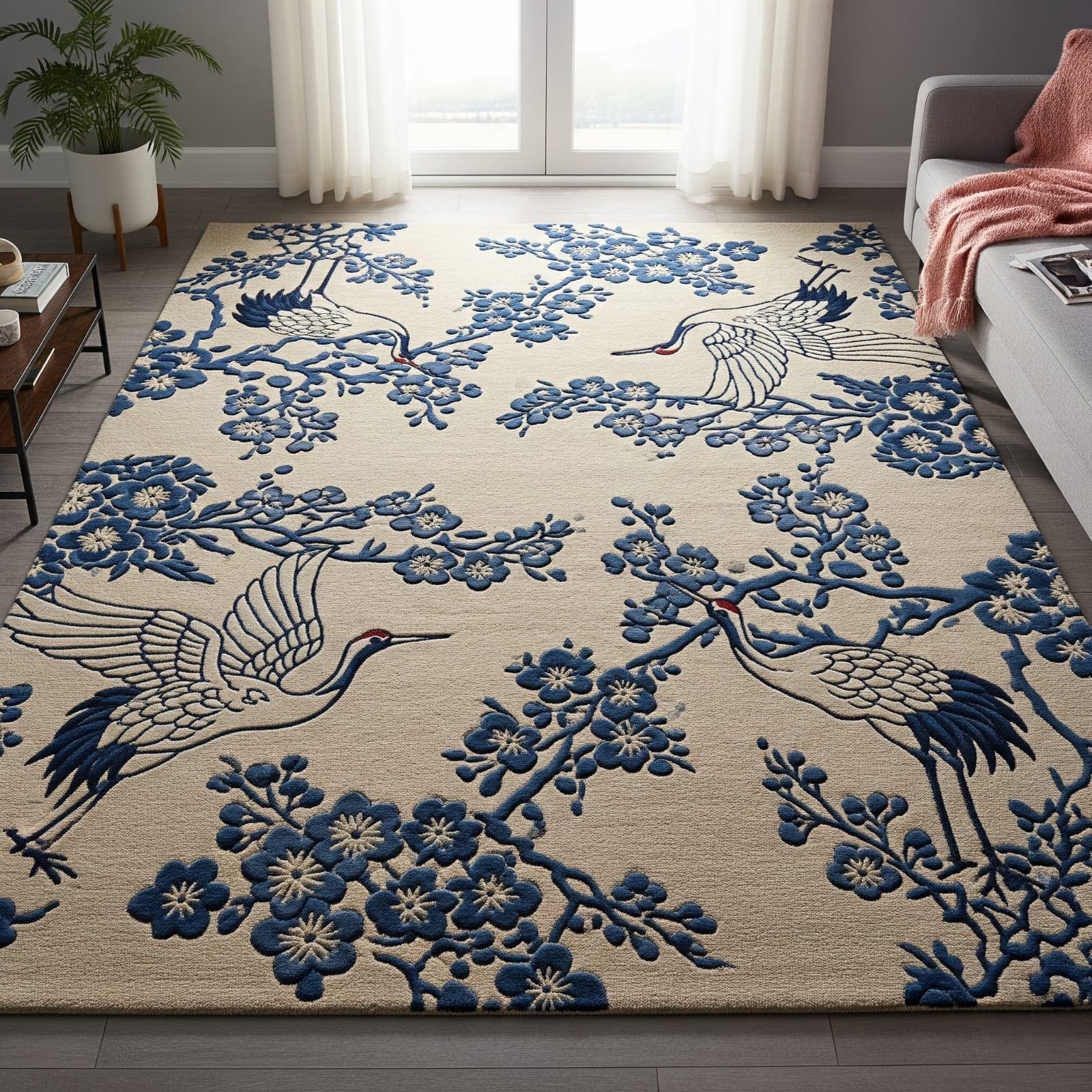 Ivory Blue Floral Bird Wool Rug, Hand Tufted Nature Inspired Area Rugs ...