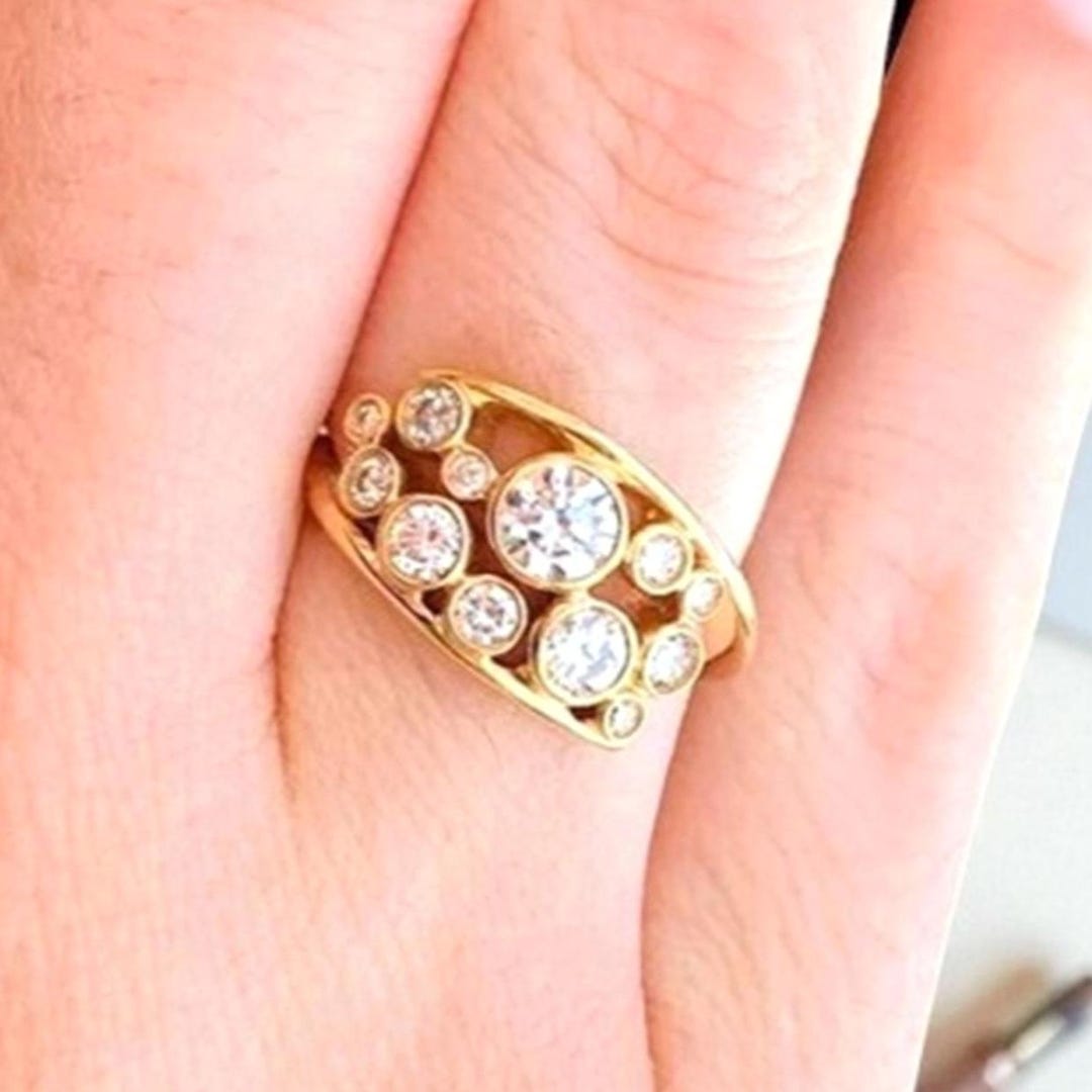Round Bezel Set Multi Stone Ring 10K Moissanite Cocktail Ring Vintage ...