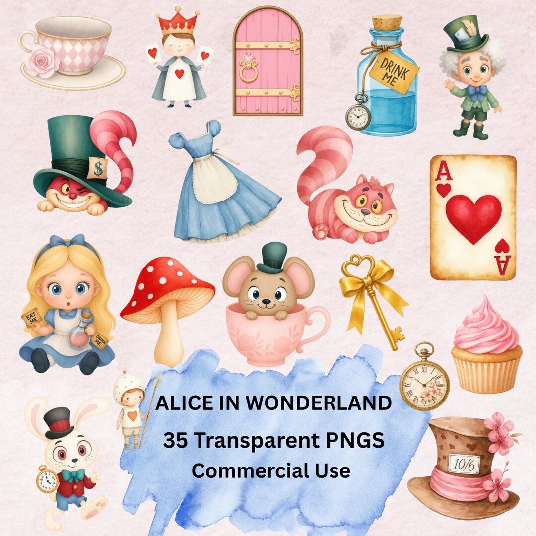 Watercolor Alice in Wonderland Clipart Bundle: PNG Graphics - Etsy