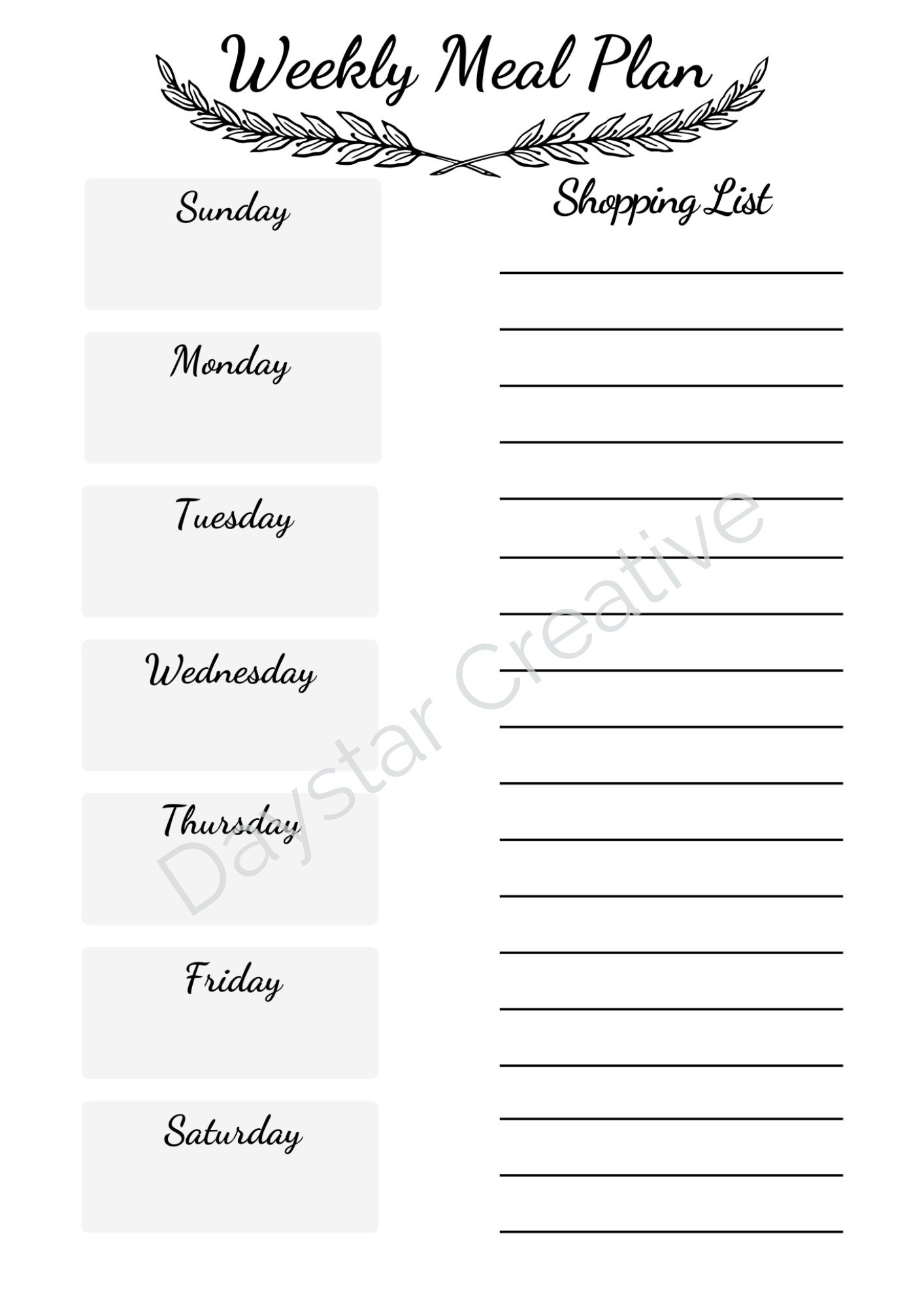 Simple Black and White Meal Planner Digital Download - Etsy
