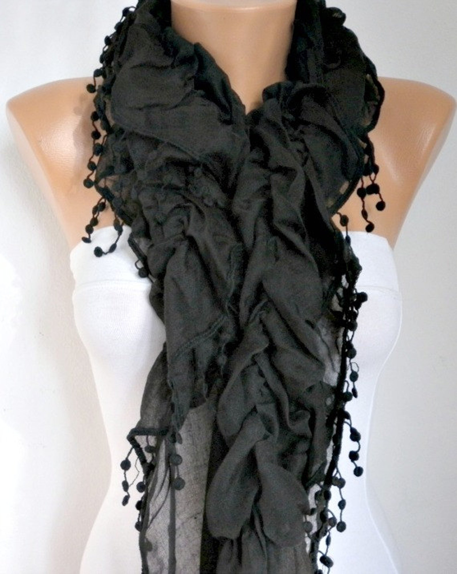 Black Cotton Scarf Black Ruffled Scarf Black Lace Scarf Black Scarf ...