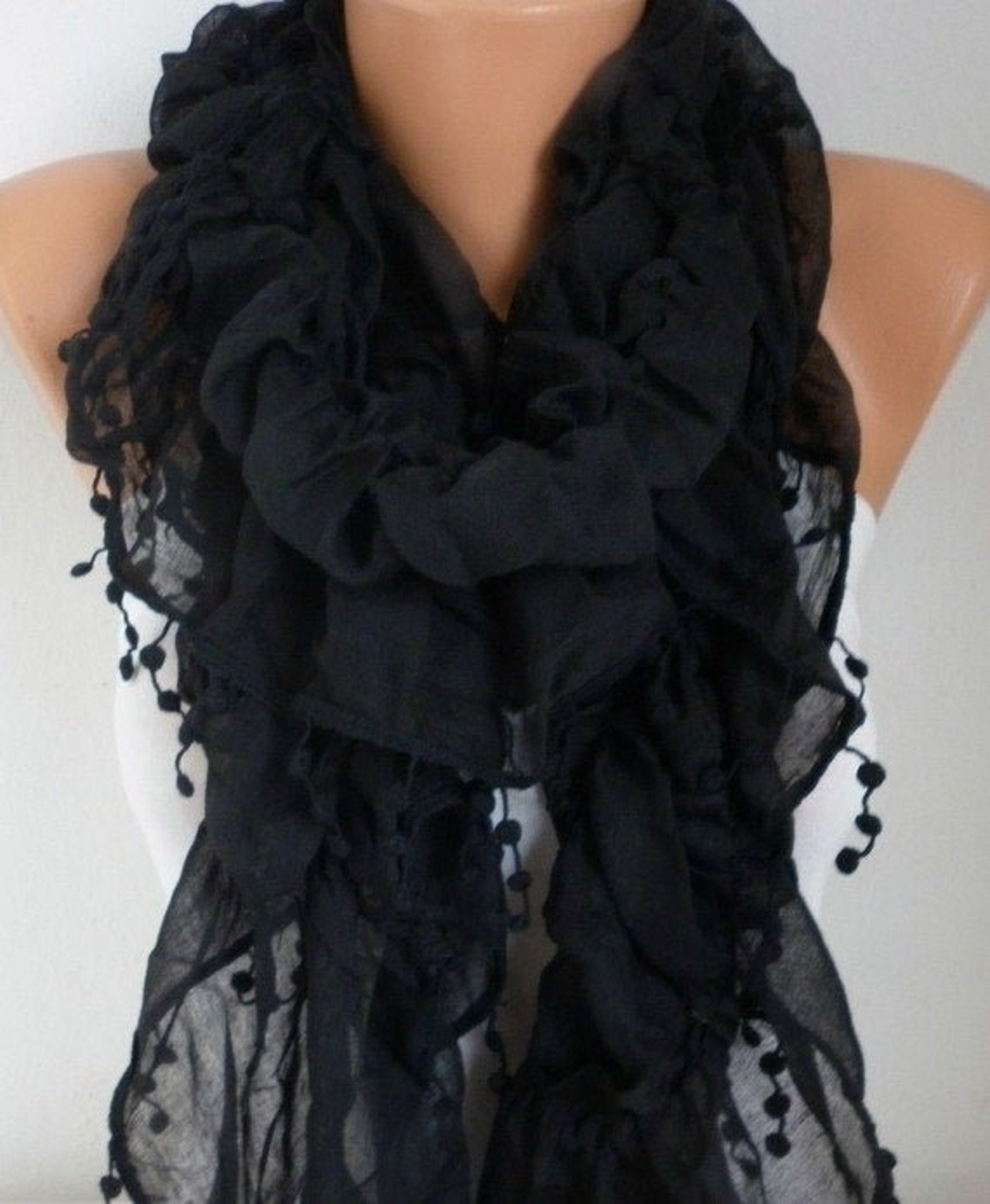 Black Cotton Scarf Black Ruffled Scarf Black Lace Scarf Black Scarf ...