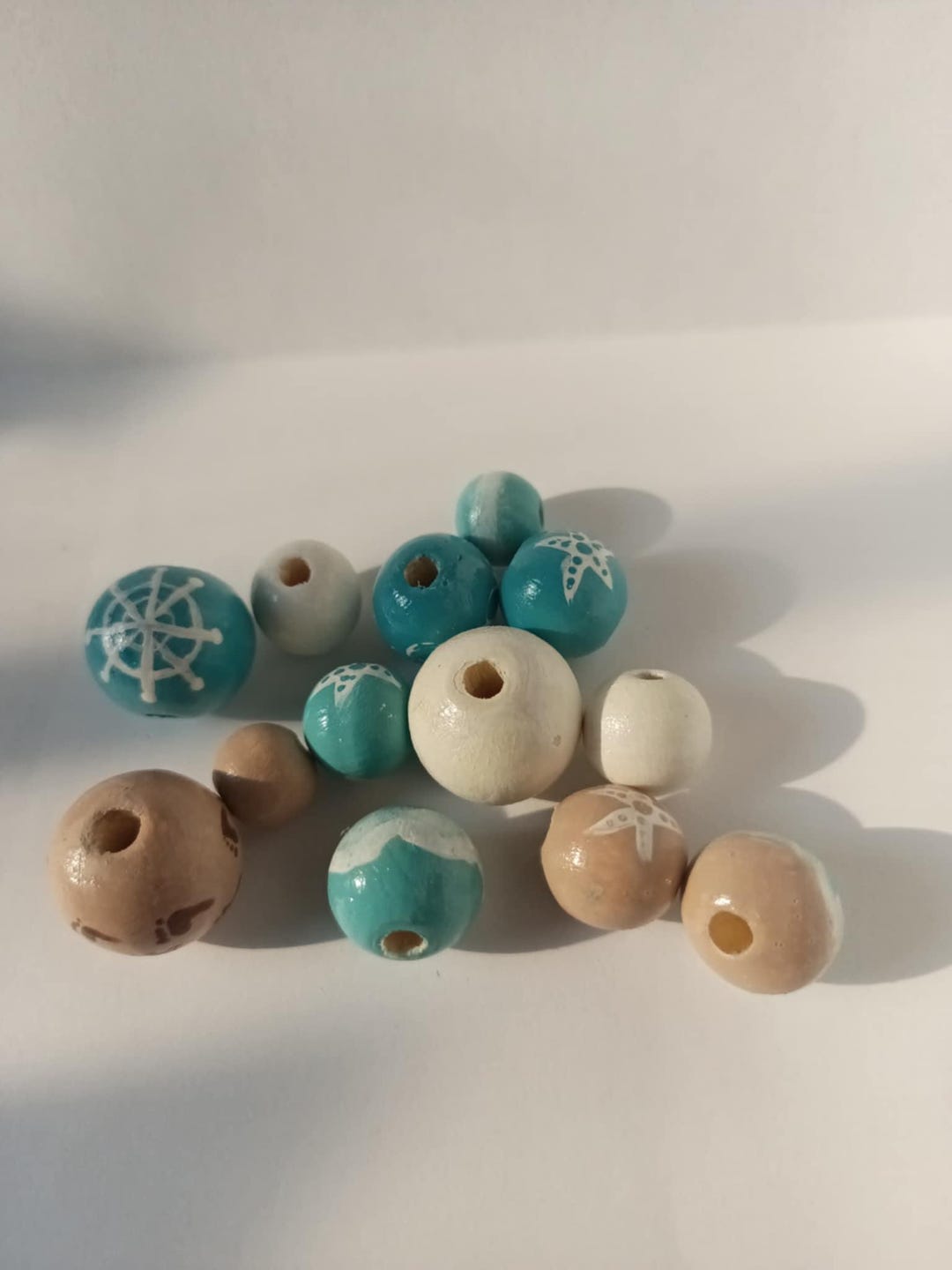 14 Beach Themed, Wooden Beads , Hand Painted , Jewlery, Crafts ...