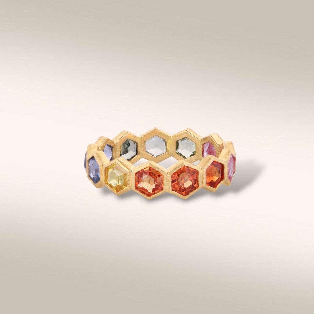 Solid 14k Gold Rainbow Sapphire Ring, Colorful Rainbow Sapphire Ring ...