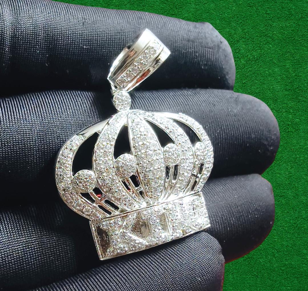 Round Cut King Crown Shape Custom Simulated Diamond Pendant 14K White ...