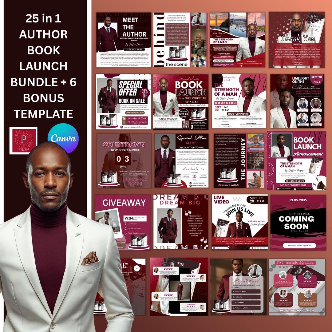 25-in-1 Editable Launch Templates Bundle for Male Authors, Book Launch ...