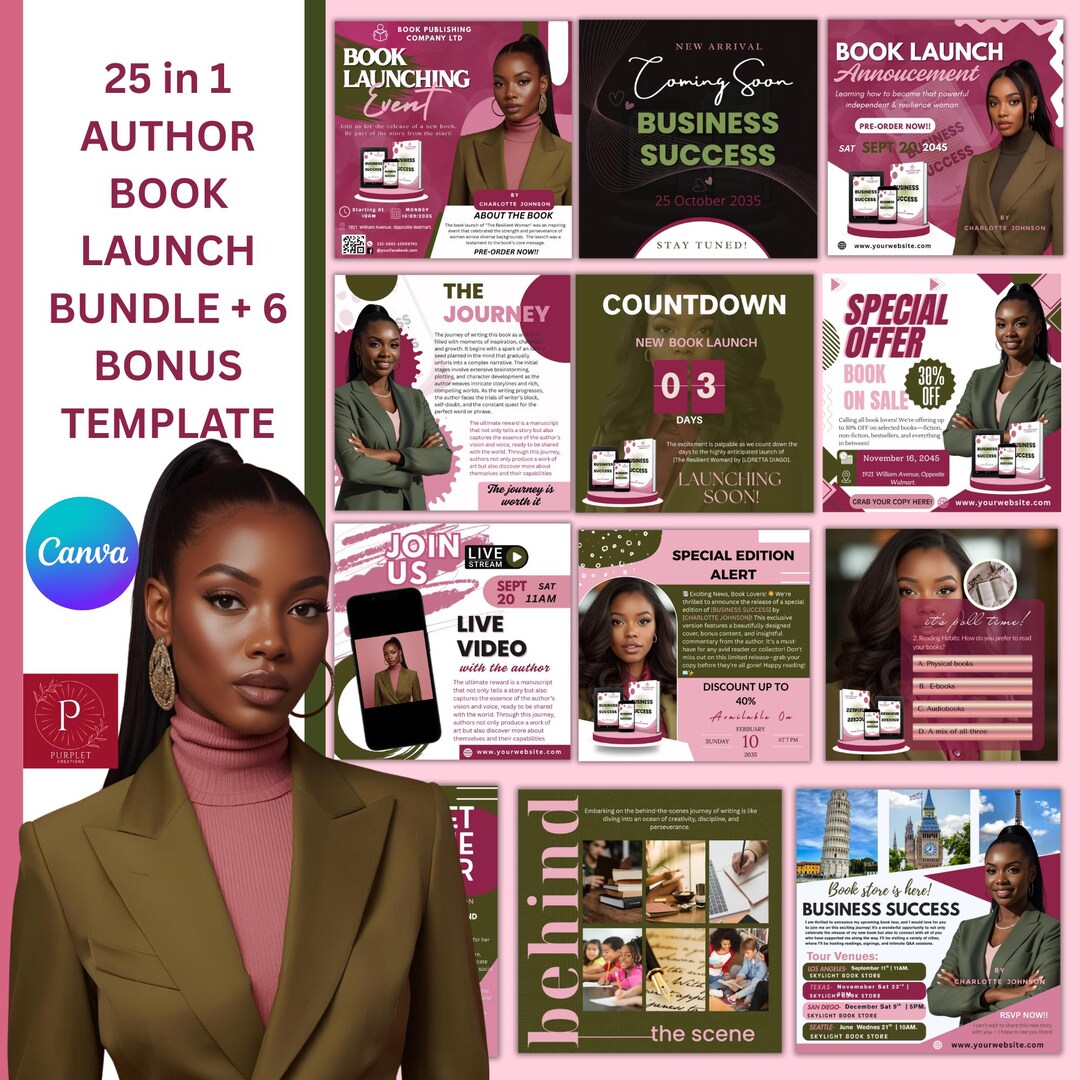 25-in-1 Book Launch Bundle Templates for Authors, Female Author Promo ...