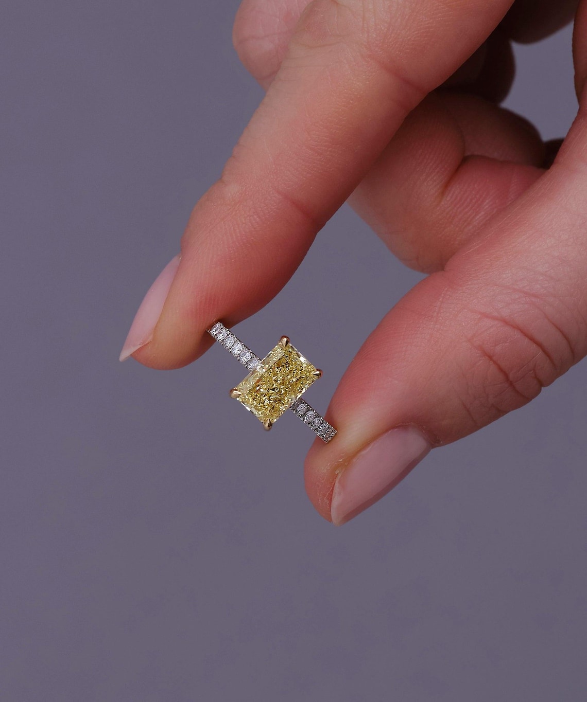 2.50 CT Radiant Cut Canary Yellow Moissanite Engagement Ring, Pave Ring ...