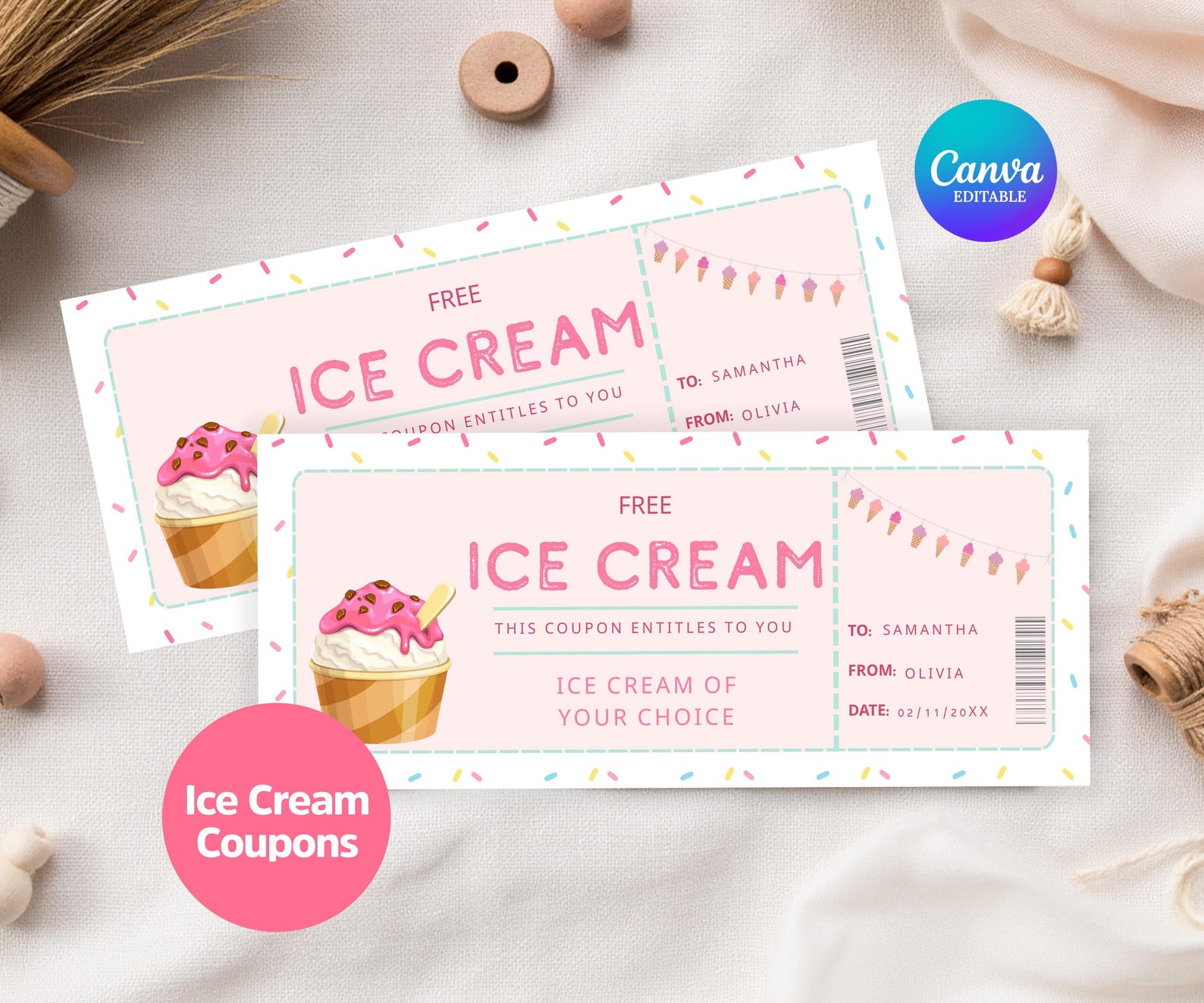 Ice Cream Coupon Printable, Editable Canva Gift Voucher for Kids ...