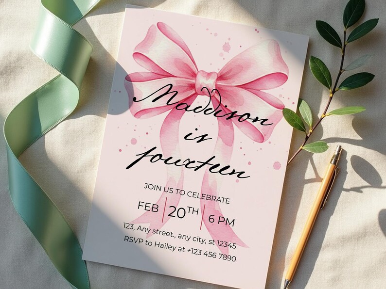 14th Birthday Invitation Canva Template, Pink Bow Birthday Invite ...