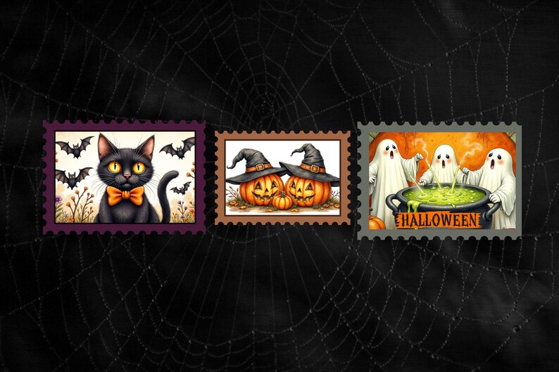 Vintage Halloween Stamps Clipart PNG Bundle, Cute Spooky Ghost Cat ...