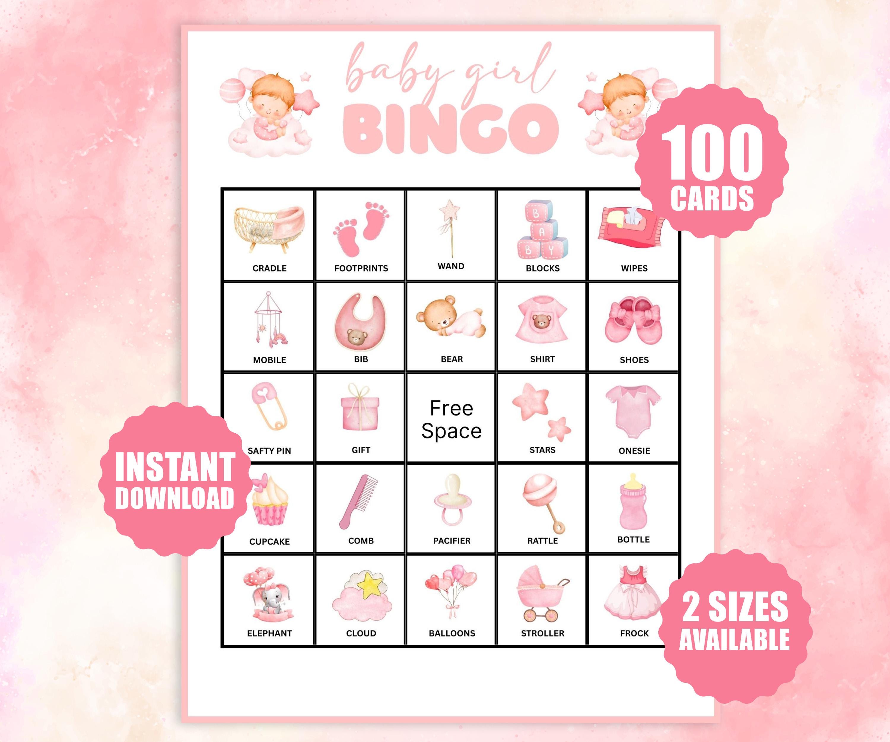 Baby Girl Shower Bingo Game Printable, 100 Pink Baby Shower Bingo Cards ...
