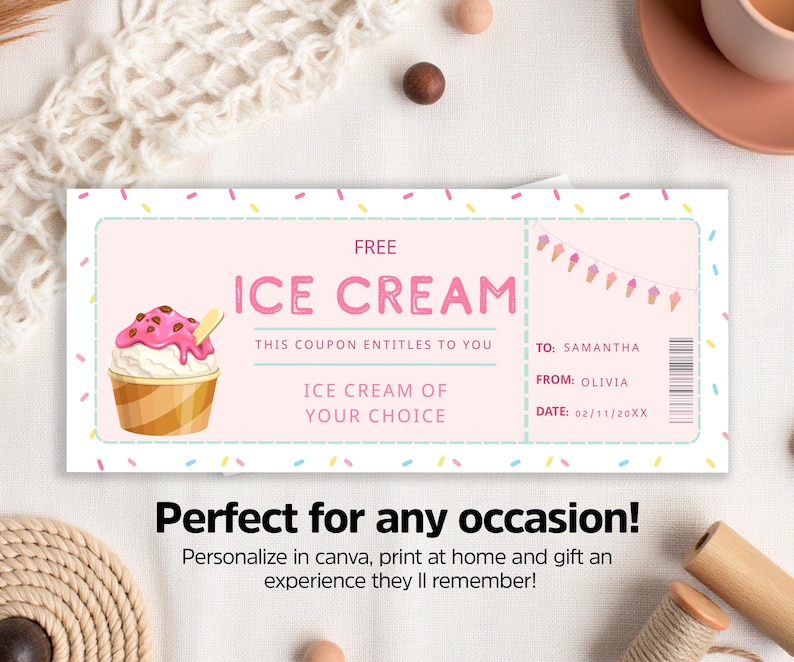Ice Cream Coupon Printable, Editable Canva Gift Voucher for Kids ...