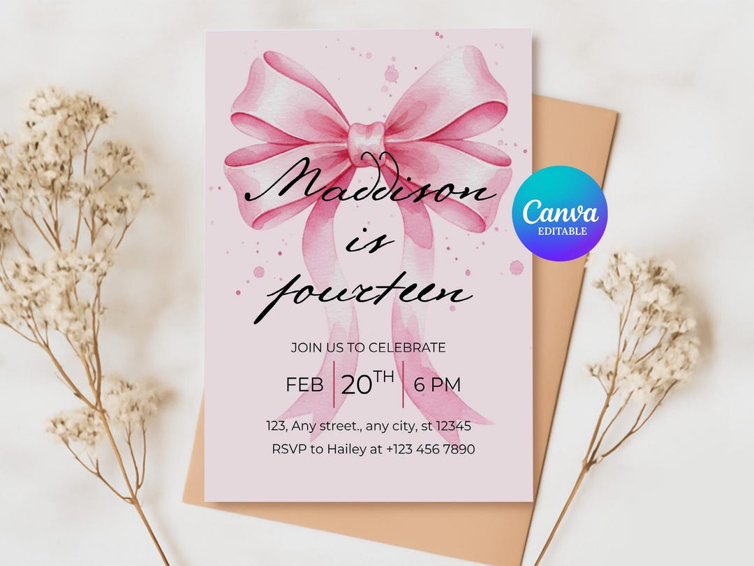 14th Birthday Invitation Canva Template, Pink Bow Birthday Invite ...