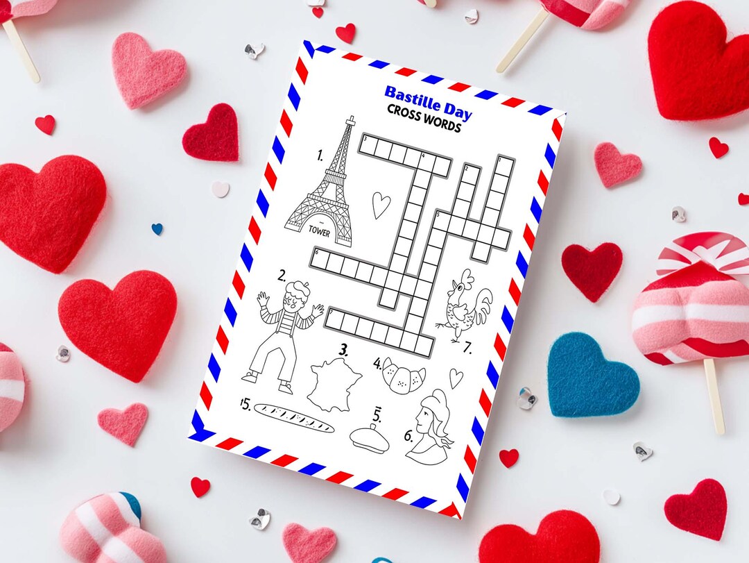 Bastille Day Crossword Puzzle Printable | French Symbols Worksheet for ...