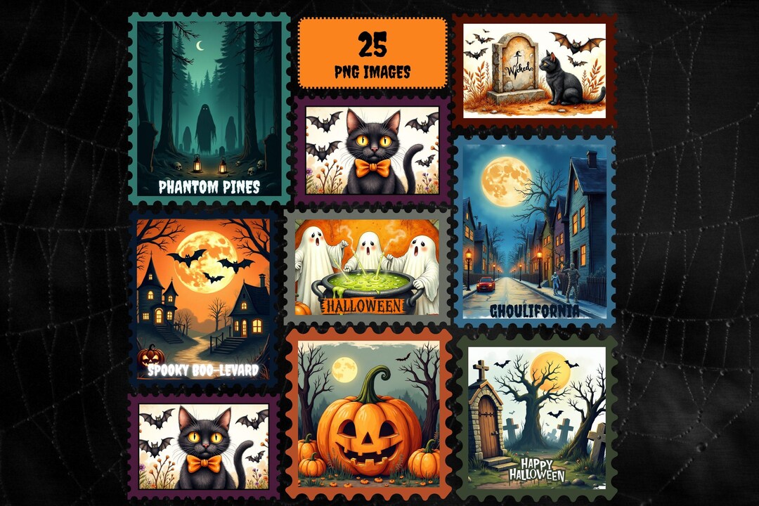 Vintage Halloween Stamps Clipart PNG Bundle, Cute Spooky Ghost Cat ...